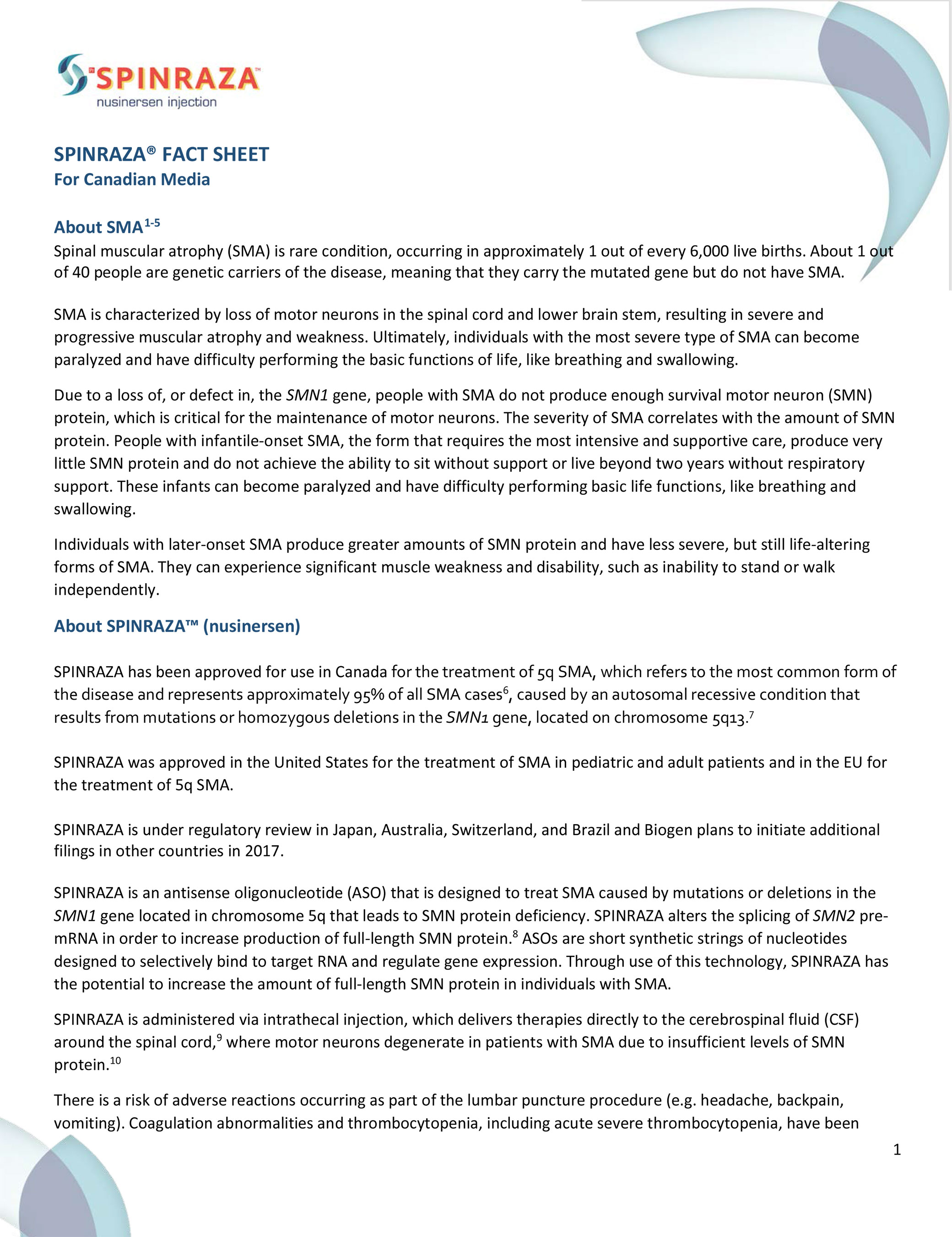 Biogen’s SPINRAZA™ (nusinersen) Receives Notice of Compliance from ...